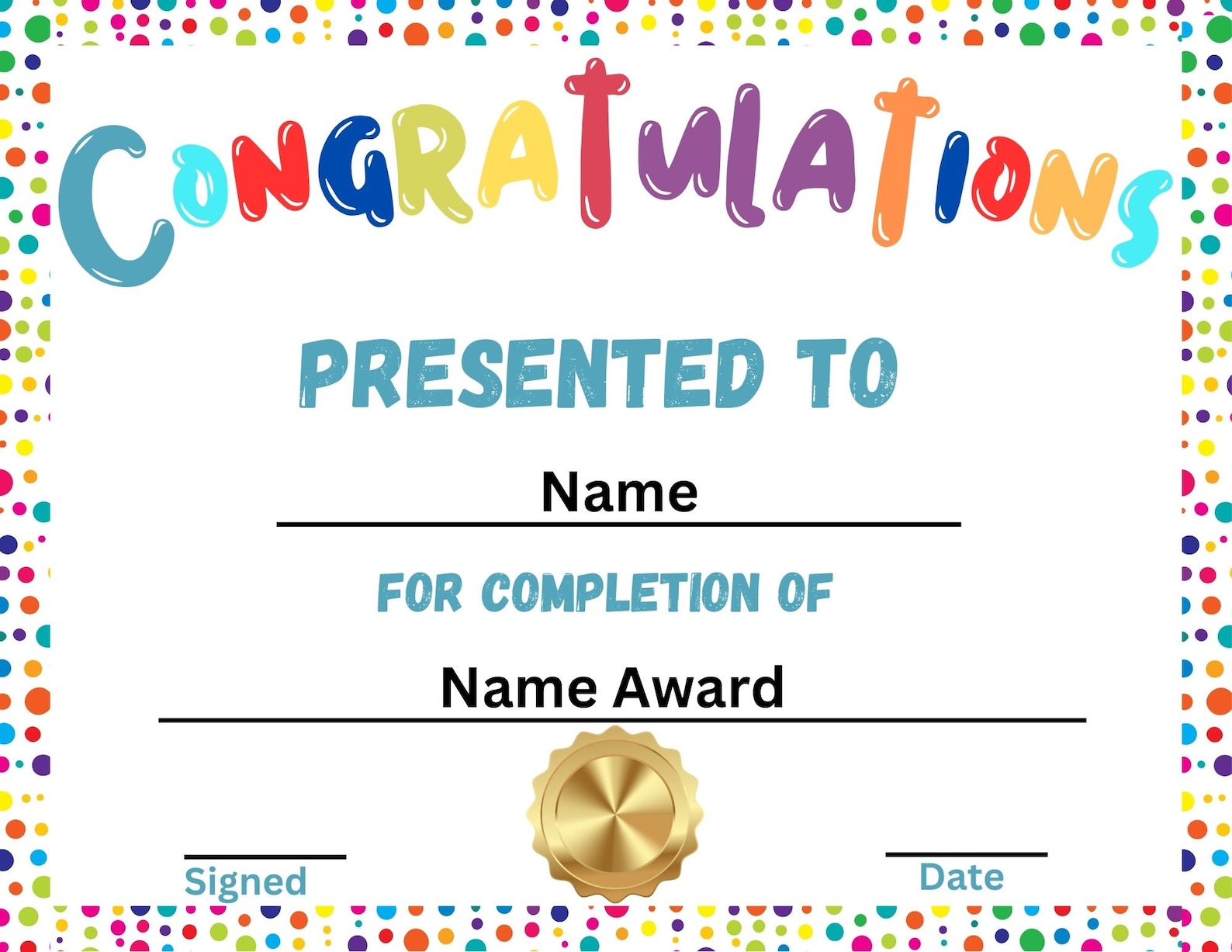 Editable Congratulations, Completion, Awards Kids Certificate - Etsy