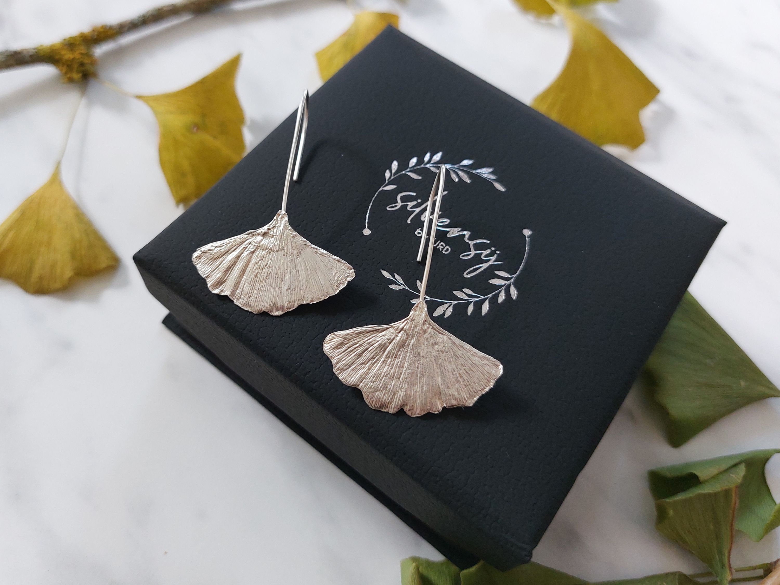 Silver Ginkgo Real Leaf Earrings Ginkgo Replica Drop Dangle Earrings ...