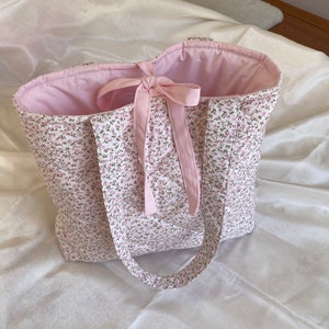 Pink Floral Tote Bag, Ribbon Tote Bag, Aesthetic Tote Bag, Cute Tote ...