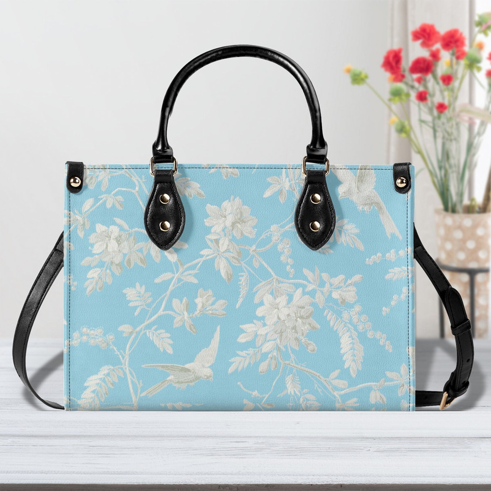 Baby Blue Handbag Blue Floral PU Leather Handbag Light Blue Crossbody ...