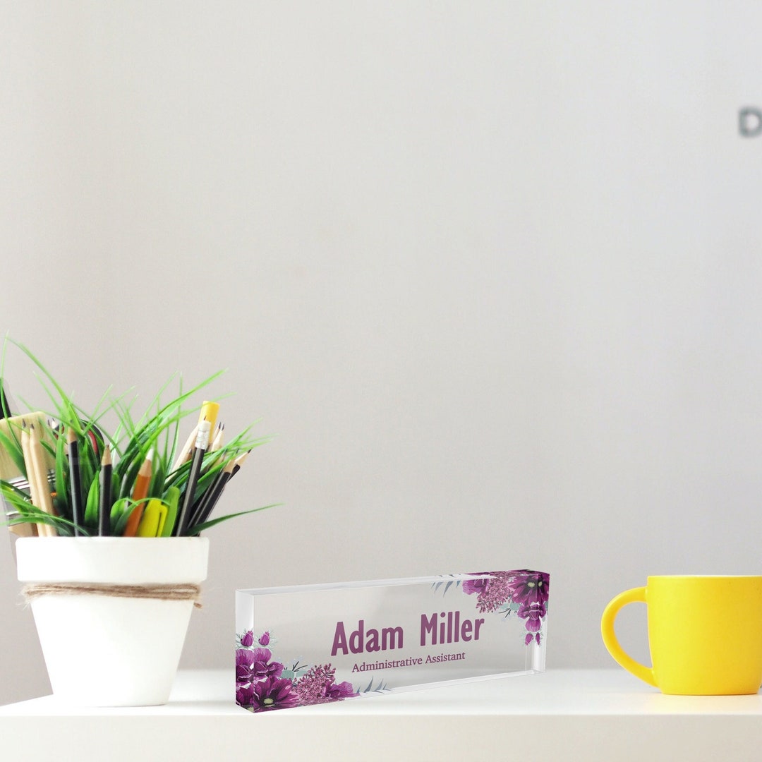 Desk Name Plate, Purple Flowers Acrylic Name Plate, Personalized ...