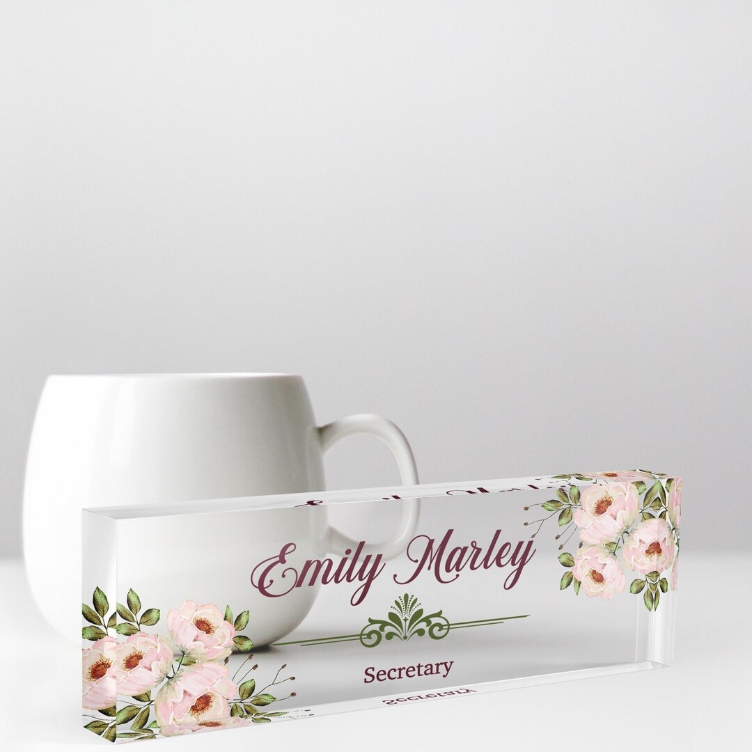 Floral Desk Name Plate, Blush Flowers Name Plate for Desk, Personalized ...