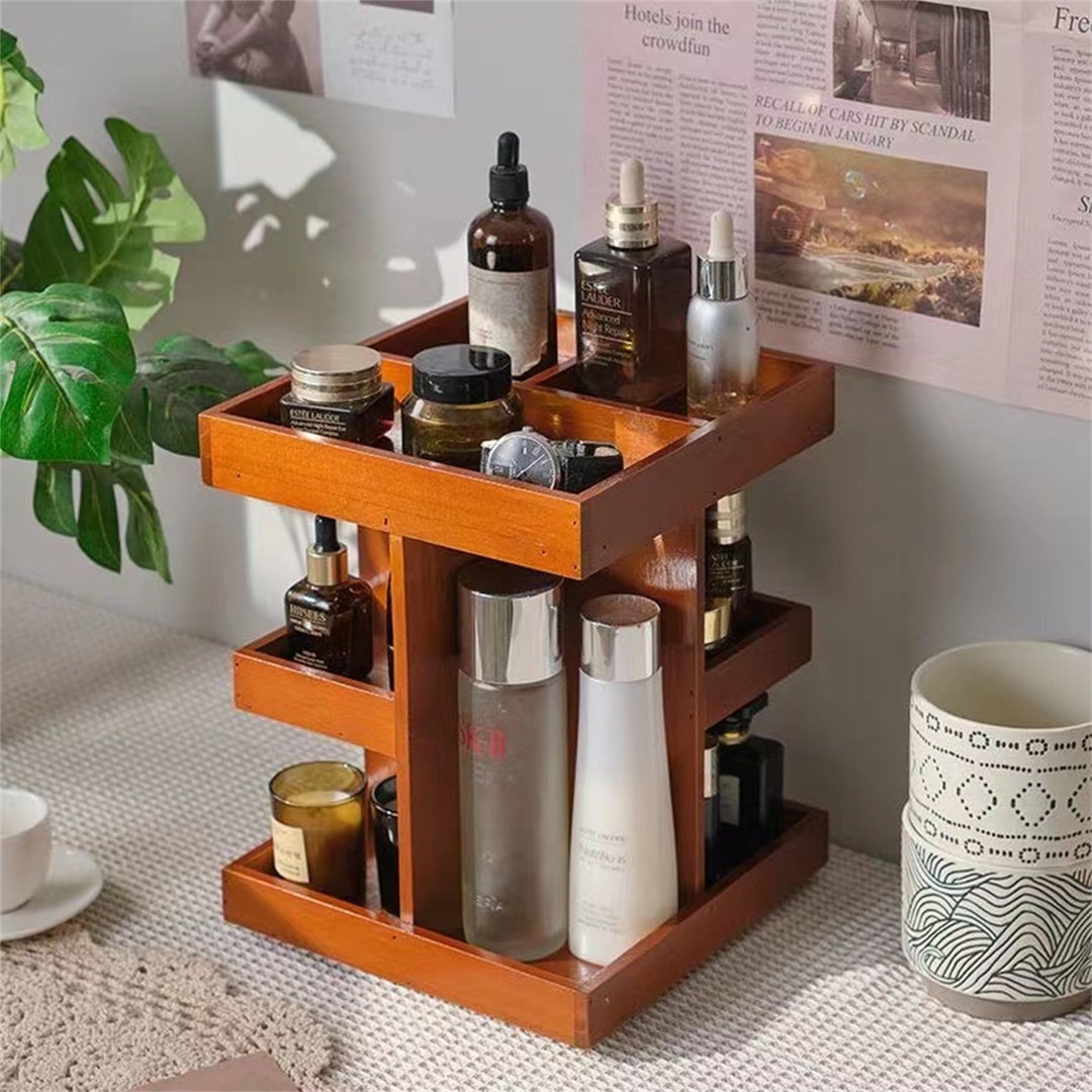 360-degree Rotation Wooden Makeup Storage Box Desktop Dresser Skincare ...