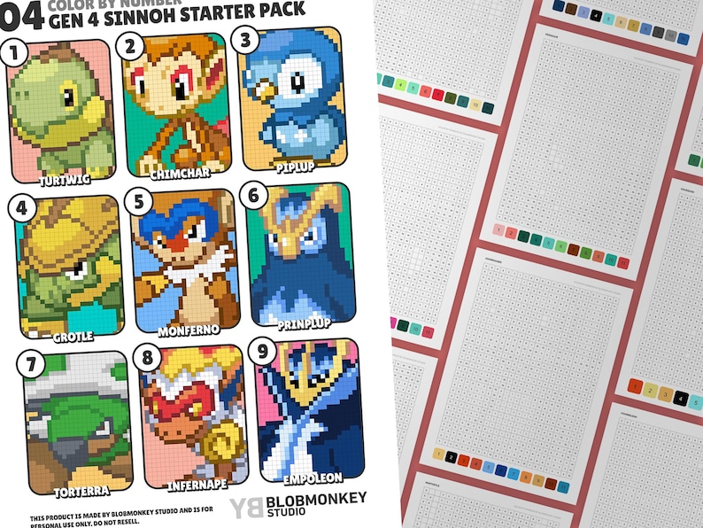 Color by Numbers | Sinnoh Starter Pokemon | Pixel Painting | Coloring ...