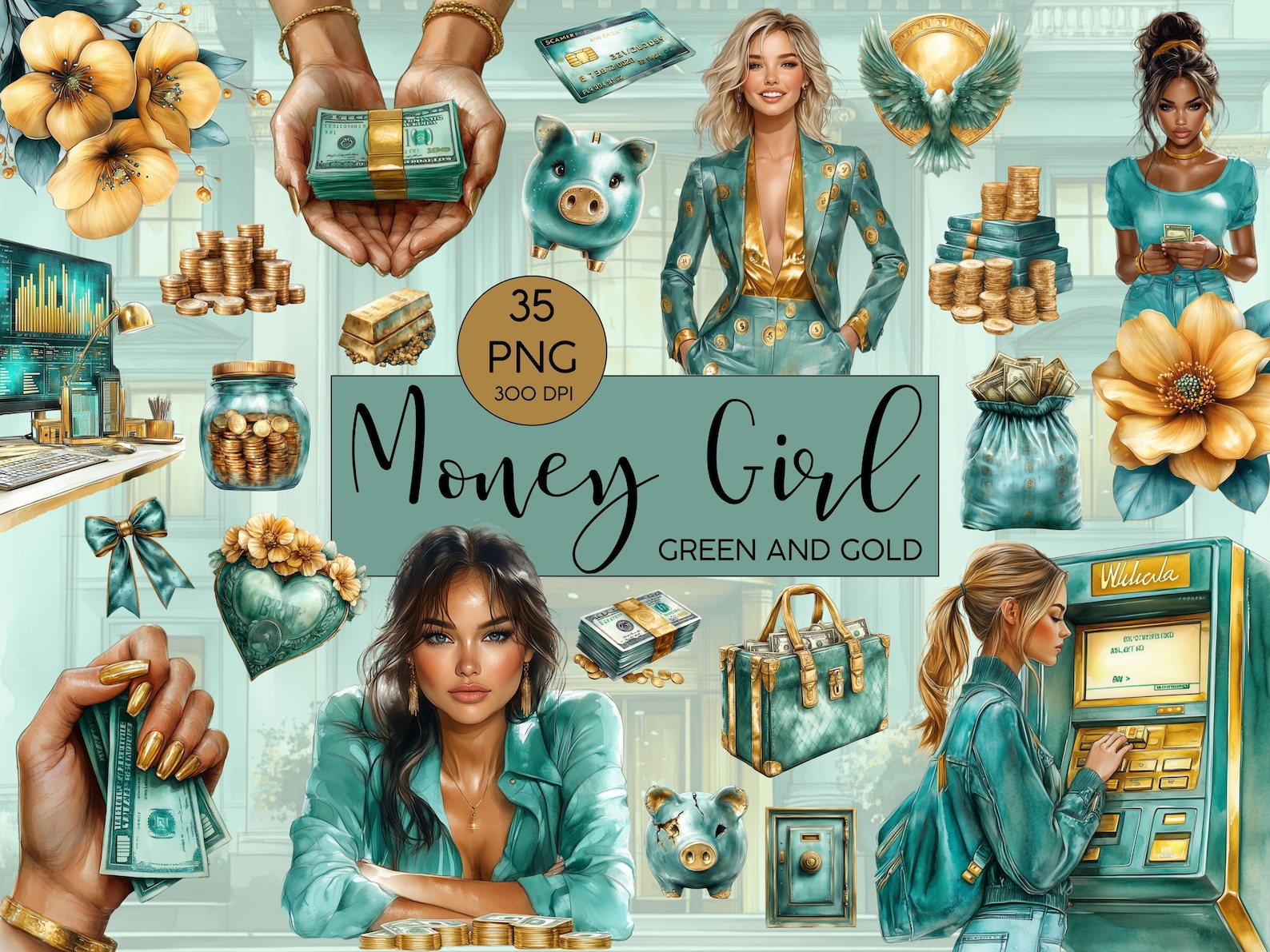 Money Girl Clipart Bundle – Green & Gold L Watercolor PNG Stickers L ...