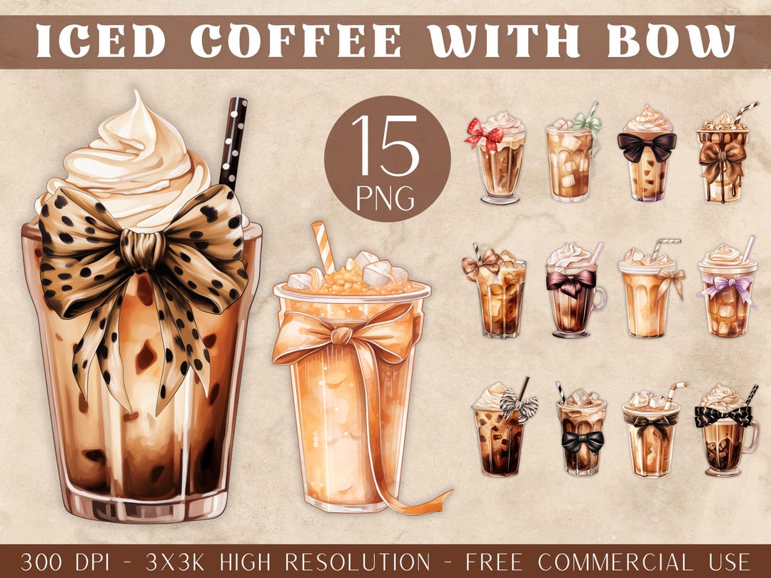 Watercolor Iced Coffee With Bow I Clipart Bundle I Clip Art I Coffee I ...