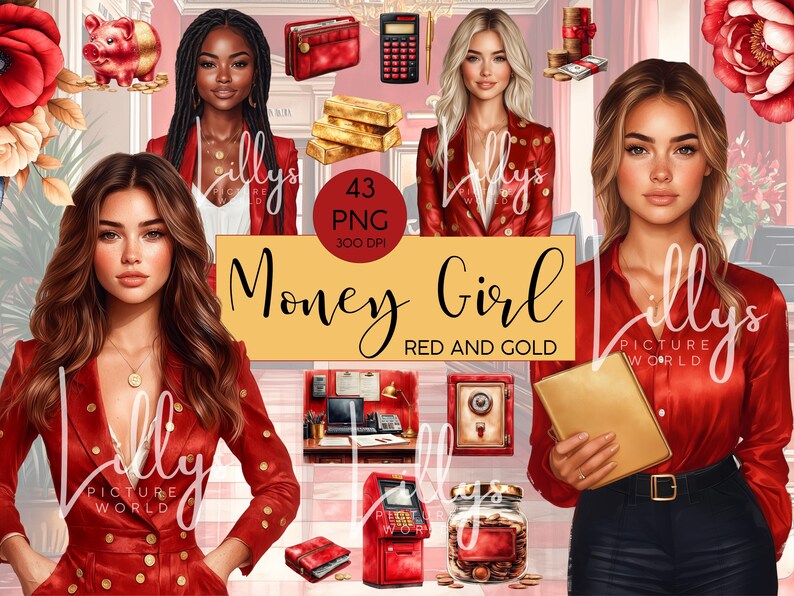 Money Girl Clipart Bundle – Red & Gold L Watercolor PNG Stickers L ...
