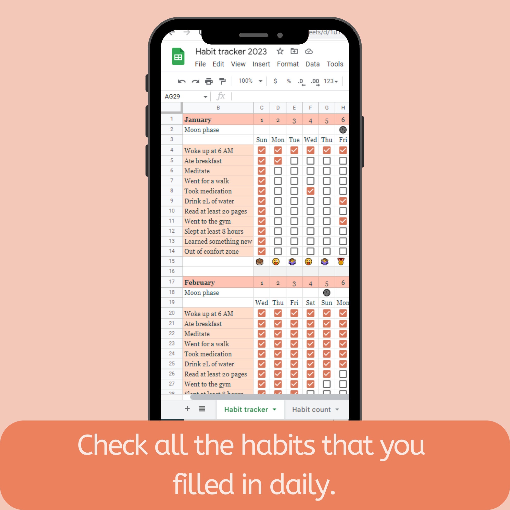Habit Tracker Spreadsheet 2023, Habit Tracker Google With Moon Phase ...
