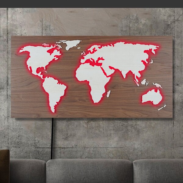 3d Led Wooden World Map - Etsy