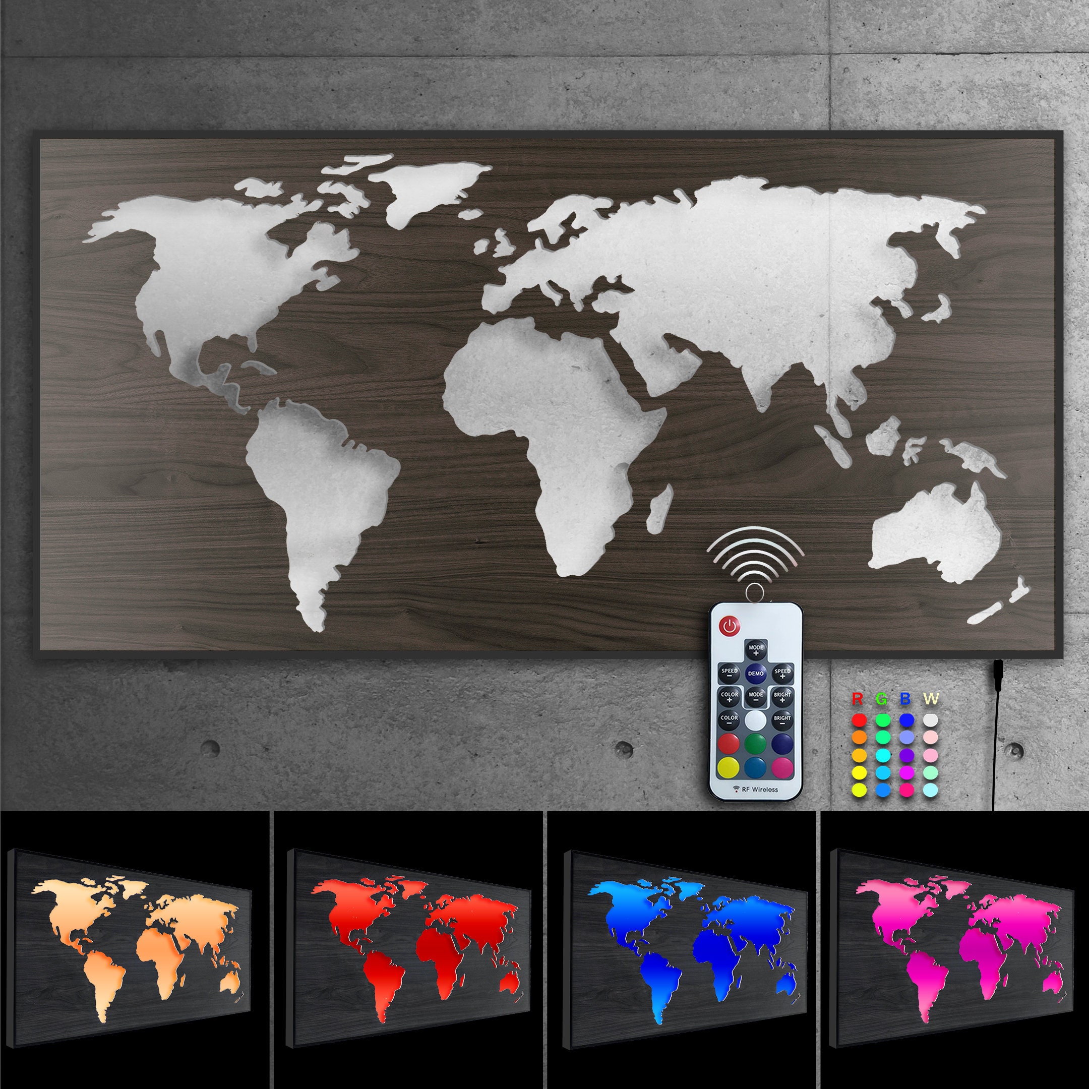 LED Wooden World Map 3D Aluminum Frame Wall Picture Backlit Wood Look ...