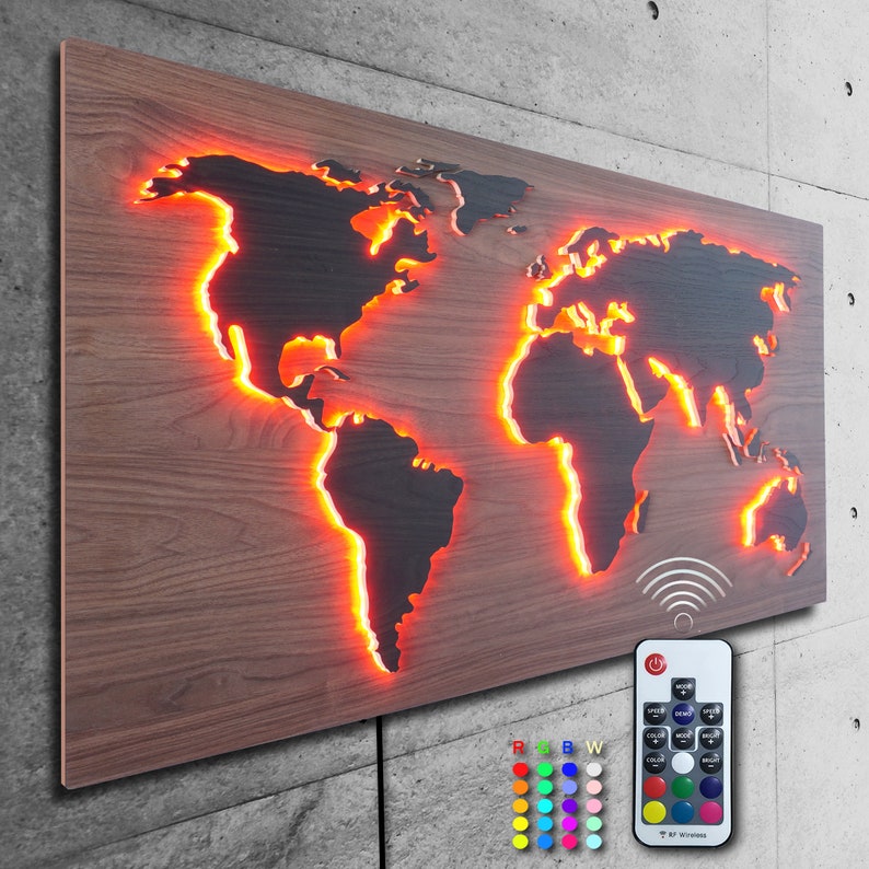 LED World Map With Wood Look in 3D Backlit RGB Lighting With Remote Control Wooden Mural Wall ...