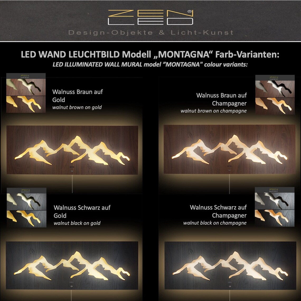 LED Wandbild Berglandschaft Bergkette mit 3D Lichteffekt in Holz auf ...