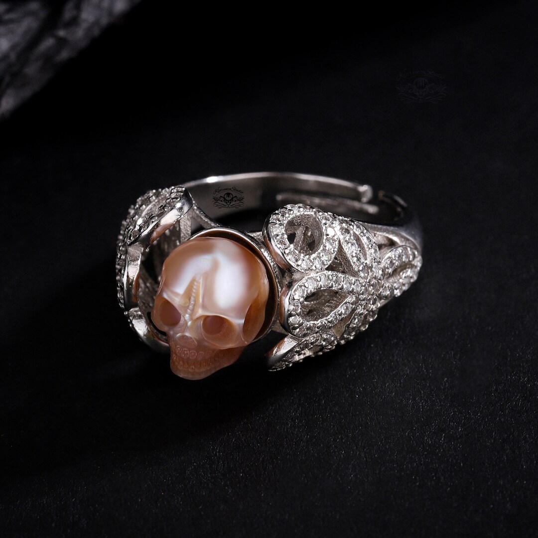 Skull Pearl Ring Zircon Double Rib Ring Natural Freshwater - Etsy