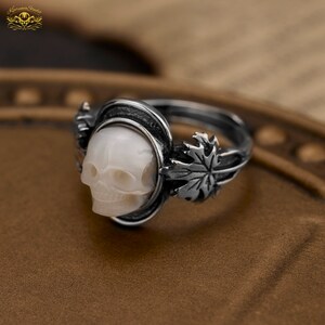 Maple Leaf and Skull Ring,goth Ring,pearl Skull S925 Sterling Silver ...