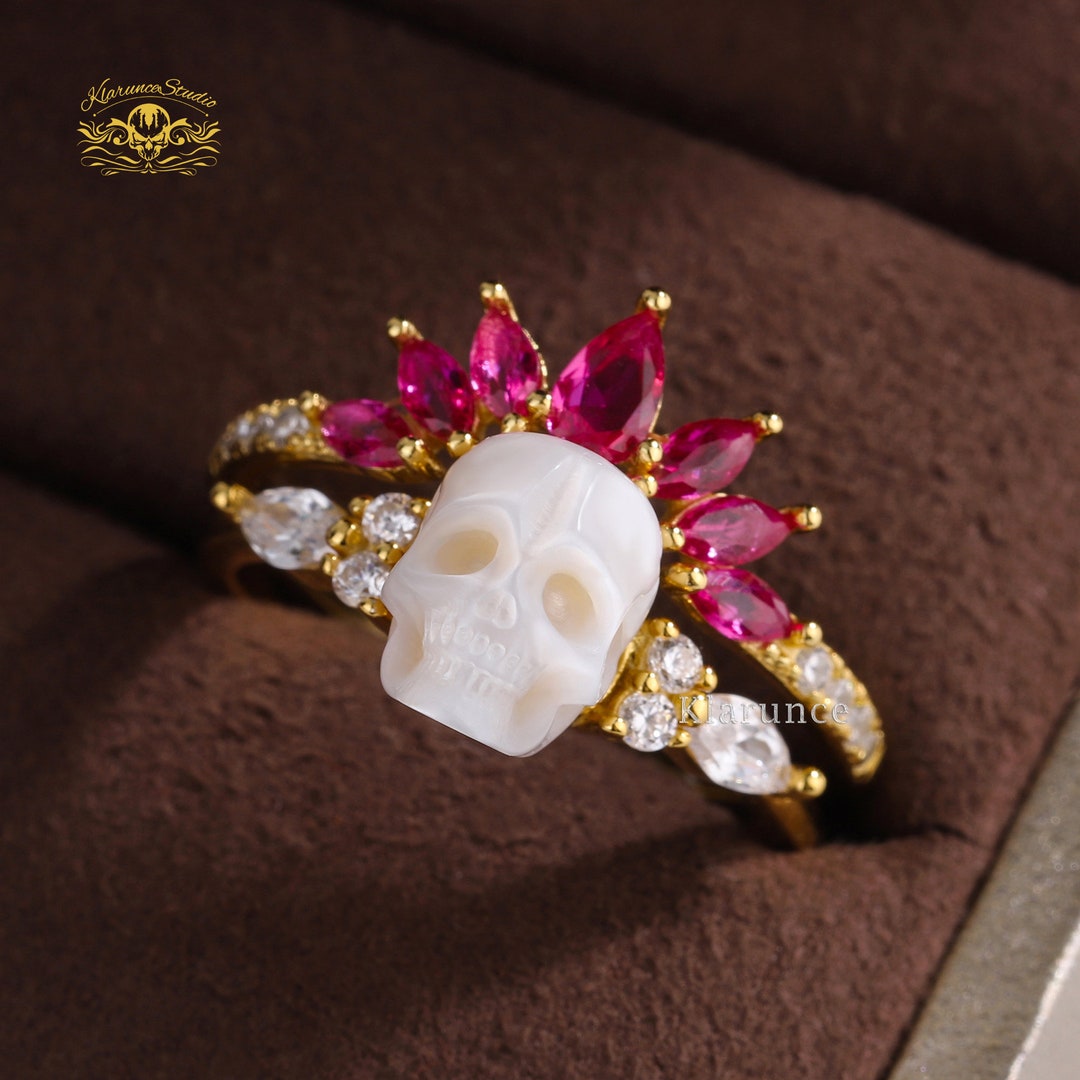 Gothic Engagement Ring,ruby Queen Goth Jewelry,pearl Skull,moissanite ...