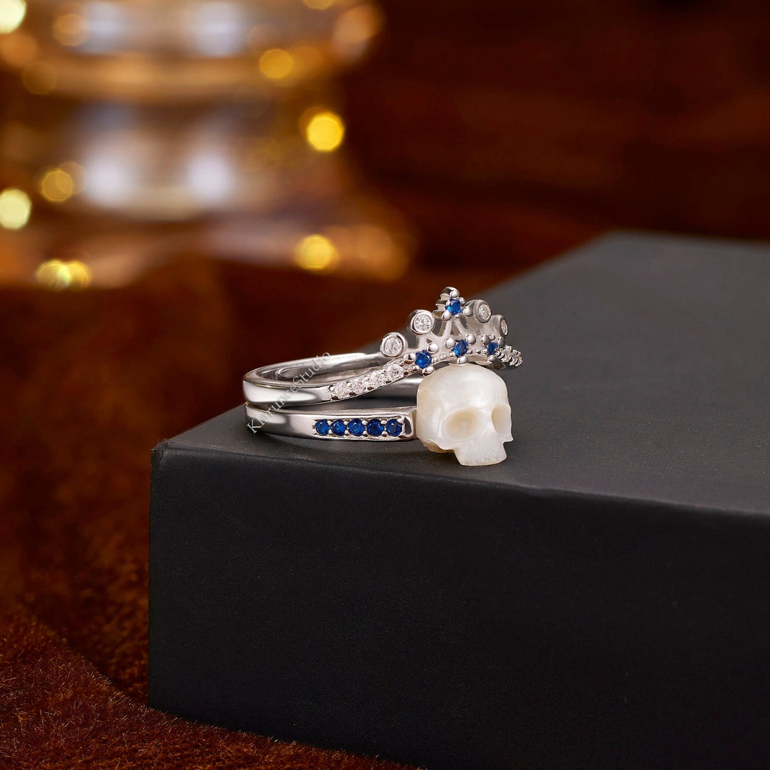 Sapphire Blue Crown Skull Ring,gothic Jewelry,pearl Skull,s925 Silver ...