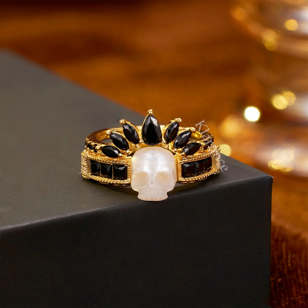 Gothic Stackable Rings Setspooky Queengoth Engagement Ring,pearl Skull ...