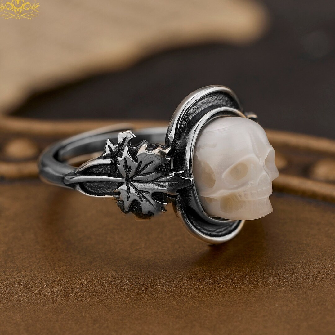Maple Leaf and Skull Ring,goth Ring,pearl Skull S925 Sterling Silver ...