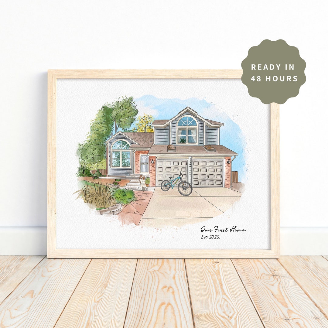 Personalized First Home Portrait, Watercolour Family Home Wall Art ...