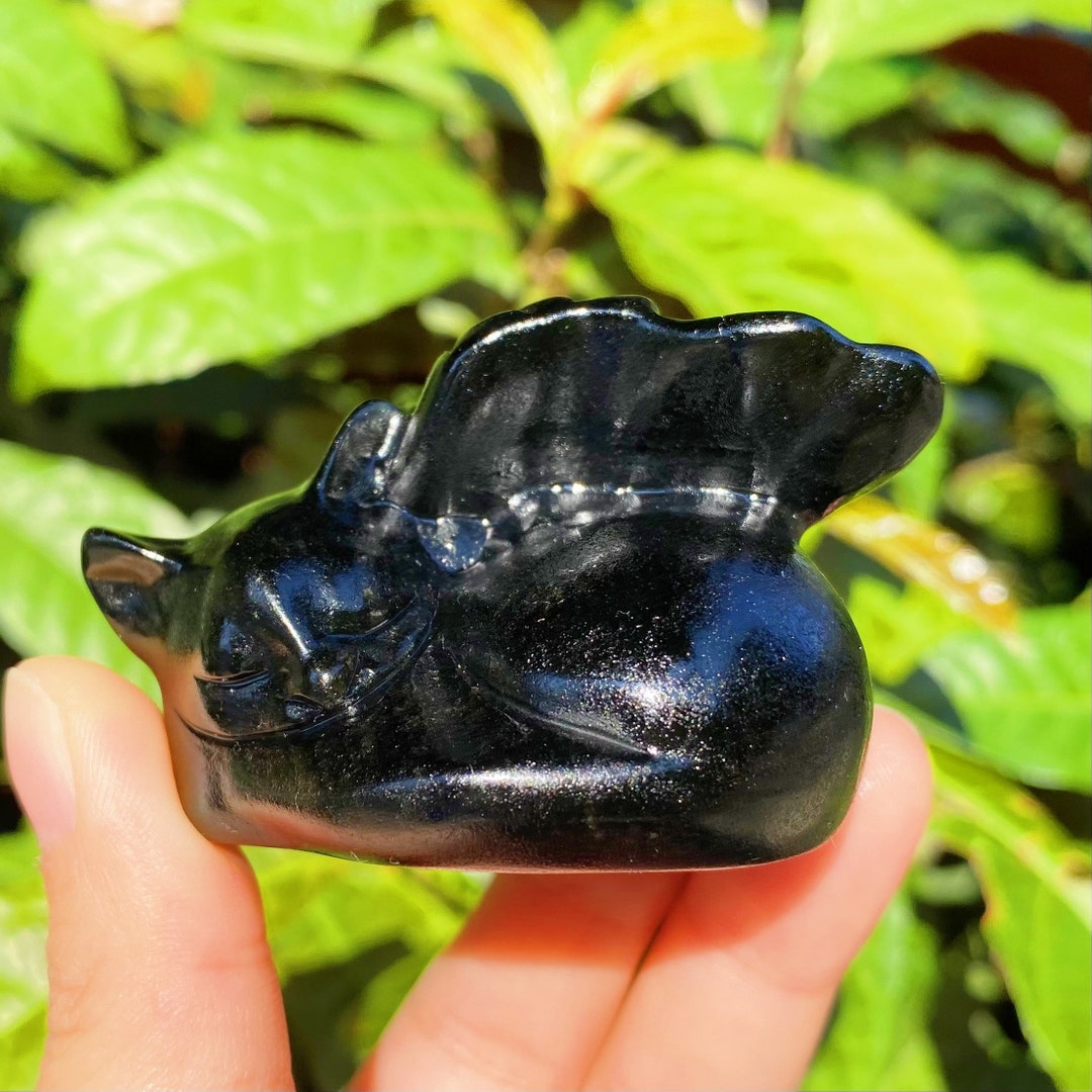 Hand-carved Obsidian Sleeping Cat: Healing Crystal Animal Statue (2 ...