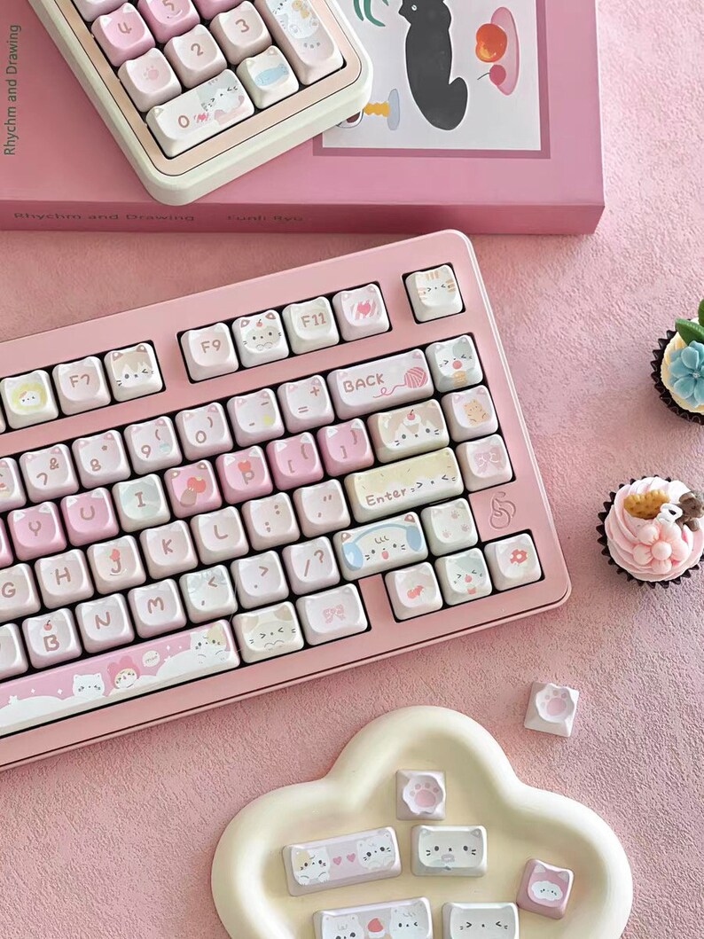 Set of 141 Cute PBT Keycaps Girly Key Caps Cute Cat Keycaps Set, MAO ...