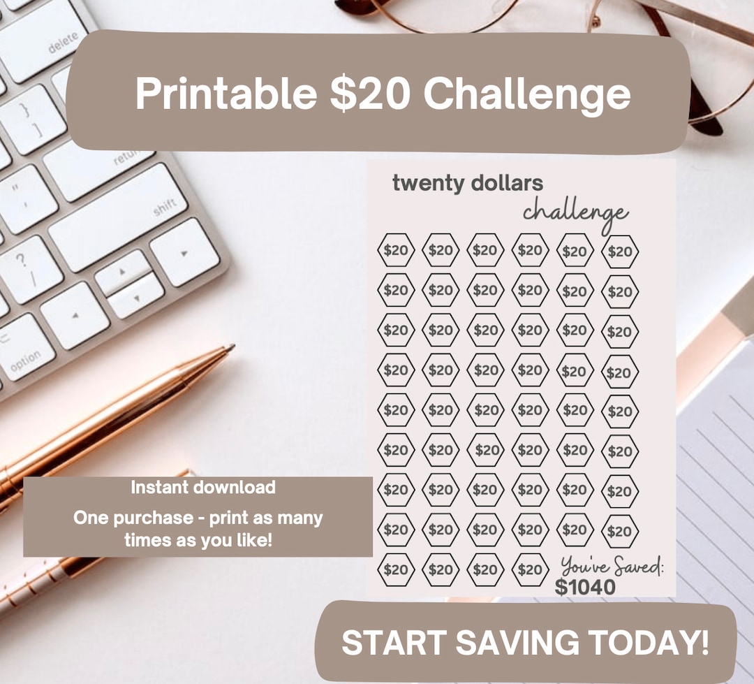 Printable 20 Dollar Savings Challenge - Etsy
