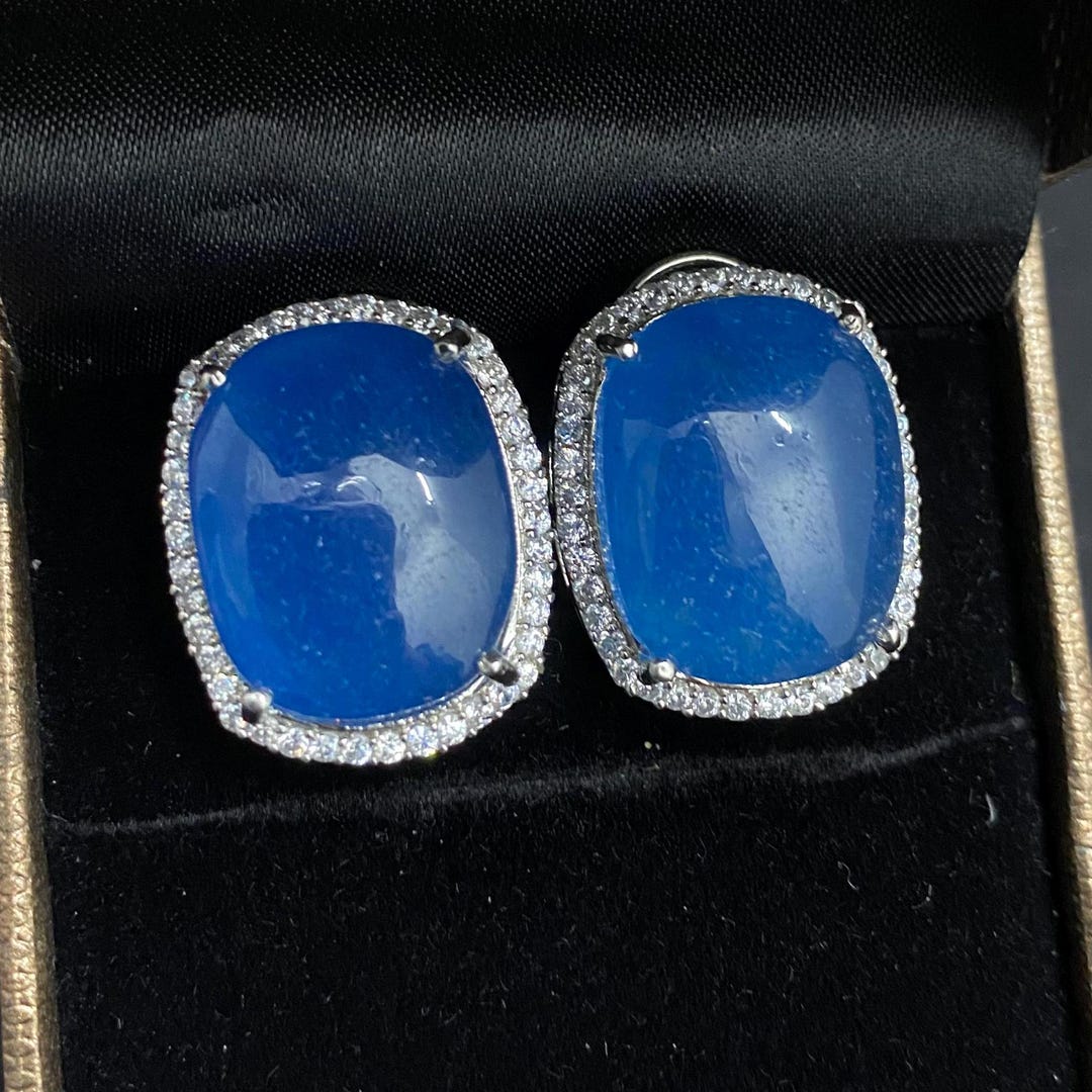 Blue Stone Earrings LUXURY American Diamond Statement Studs Blue ...