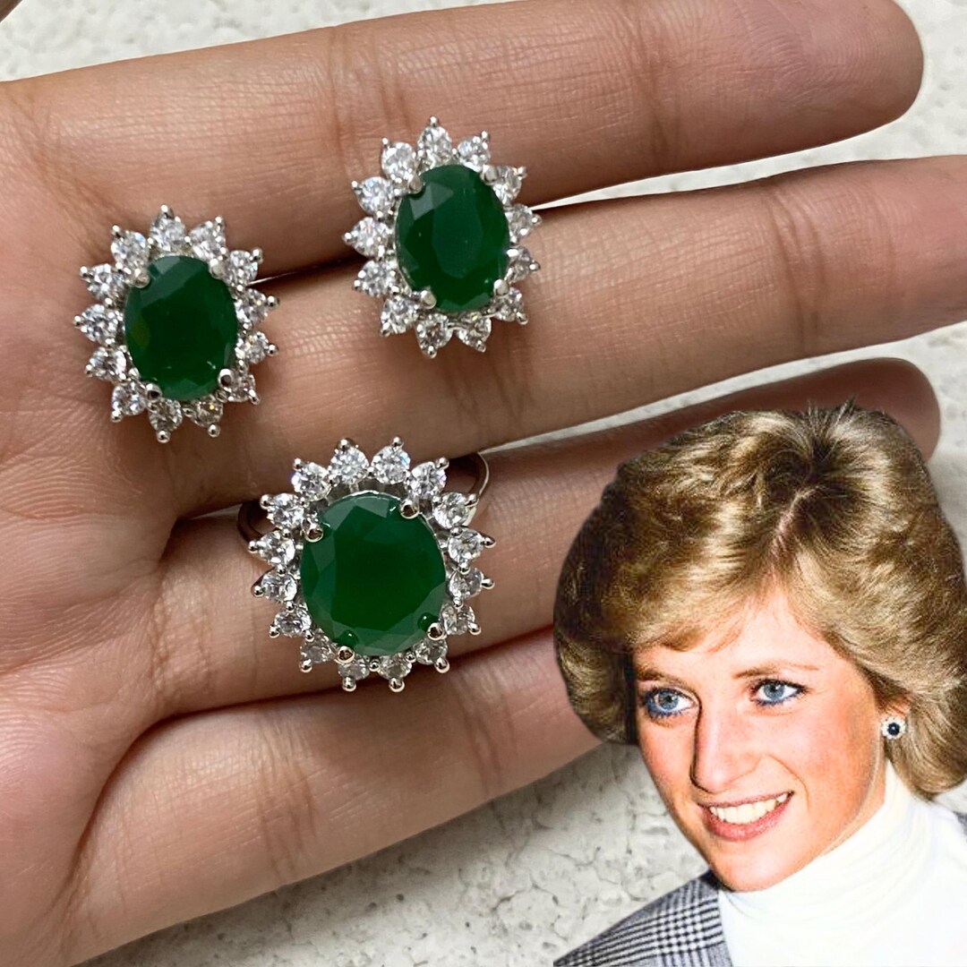 Emerald Earrings Princess DIANA Inspired Green Diamond Small Oval Stud ...