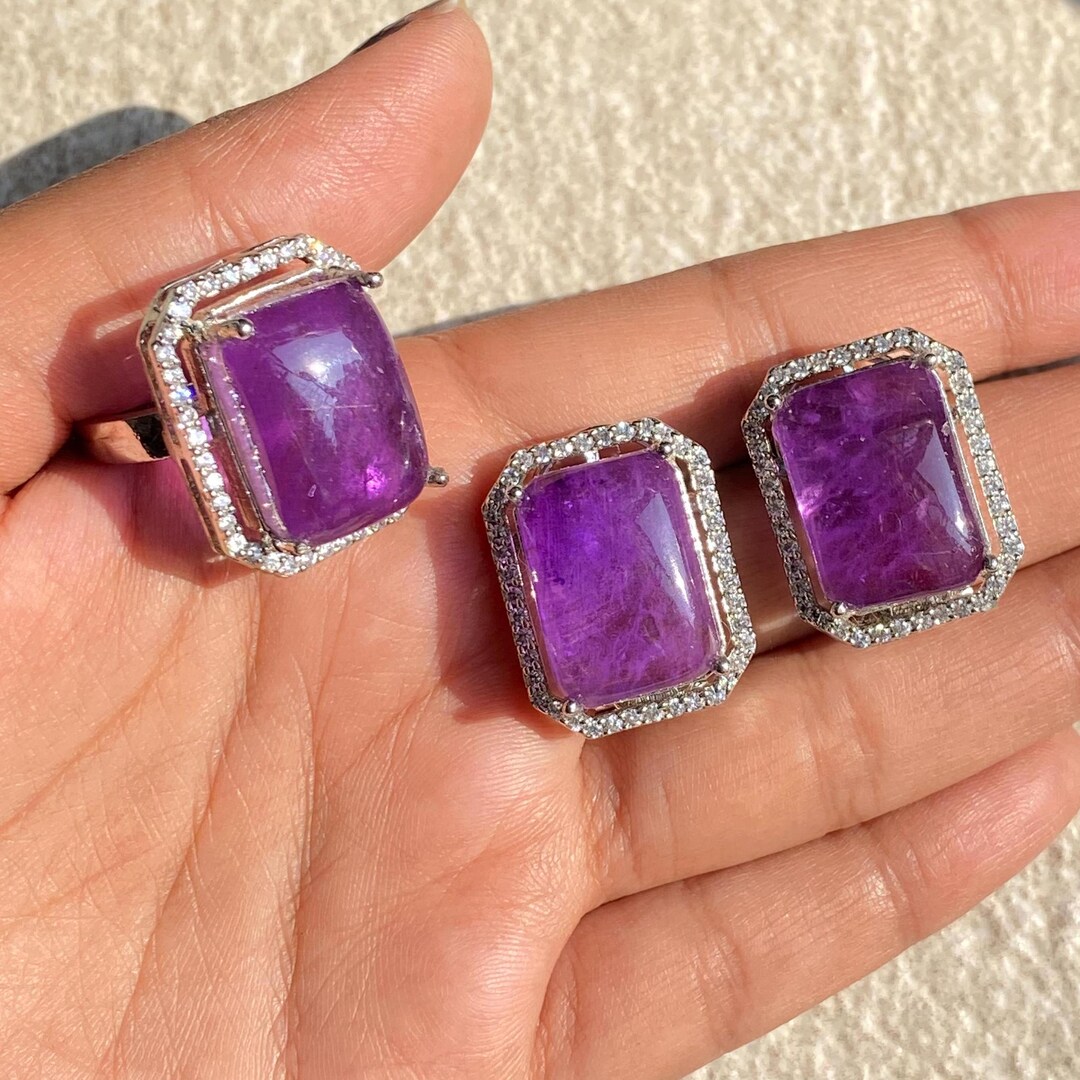 Purple Stone Earrings Doublet Jewelry LUXURY Large Ring Cubic Zirconia ...