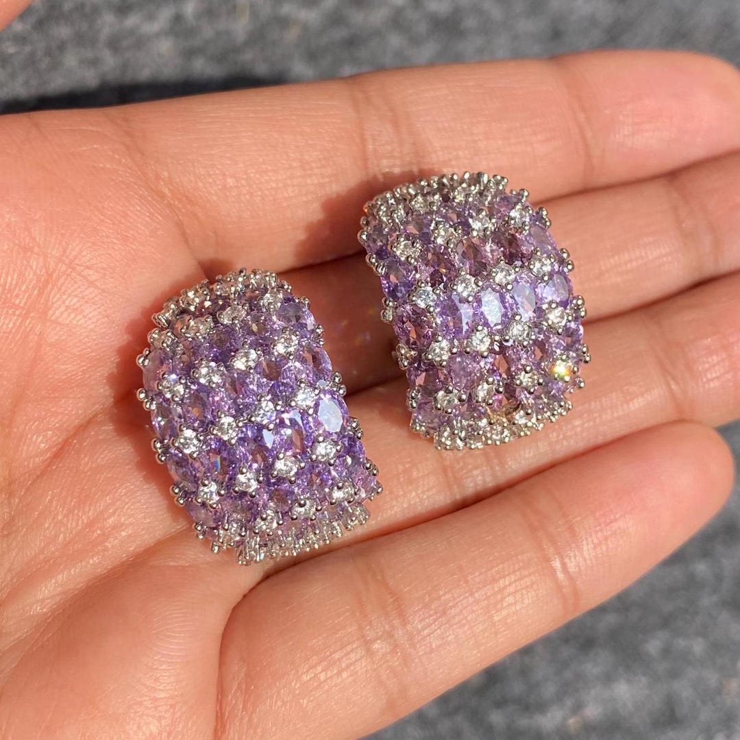 Purple Diamond Hoop Earrings LUXURY Cz Small Huggies Purple Moissanite ...