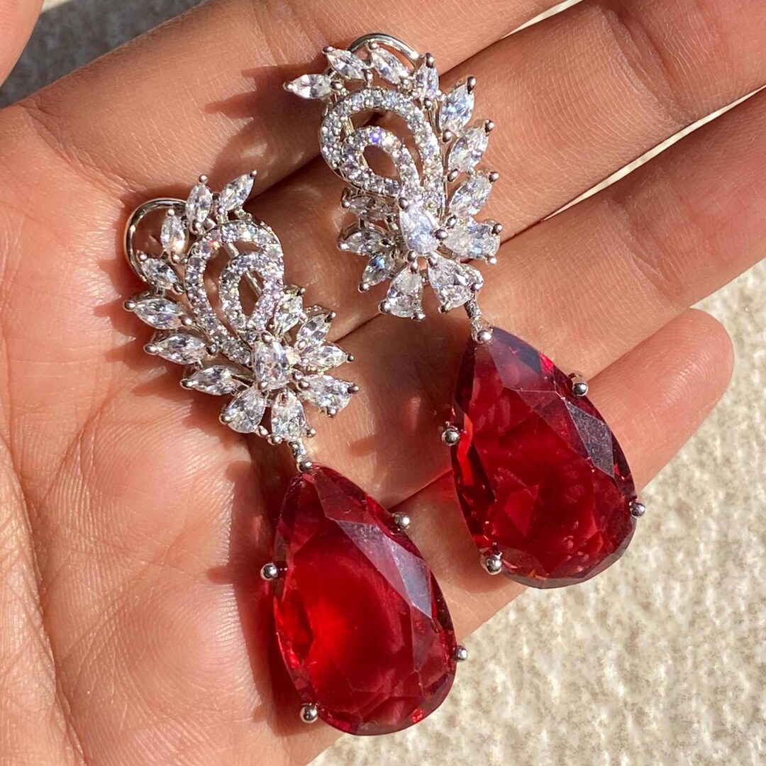 Red Earrings American Diamond LUXURY CZ Statement Ruby Red Diamond ...