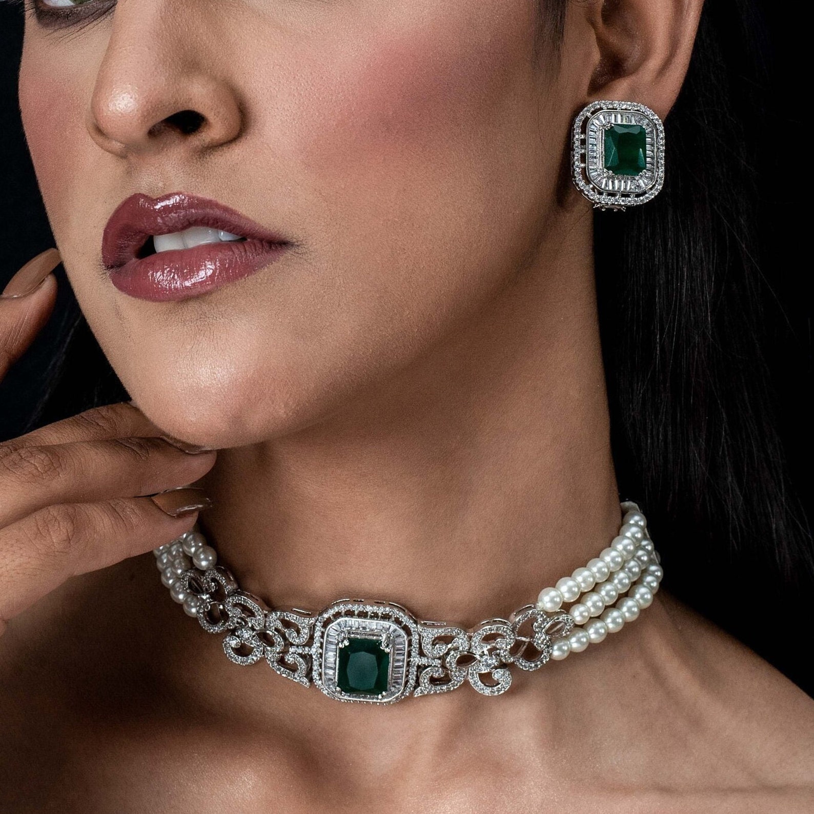 Emerald Choker Green American Diamond Jewelry Set India Emerald Pearl ...