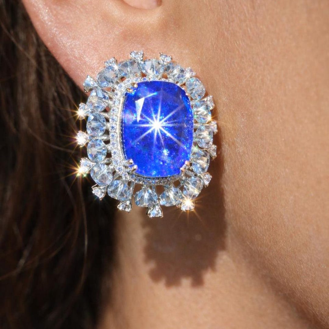 Large Blue Stone Earrings Statement Studs CZ Moissanite Oversized Blue ...