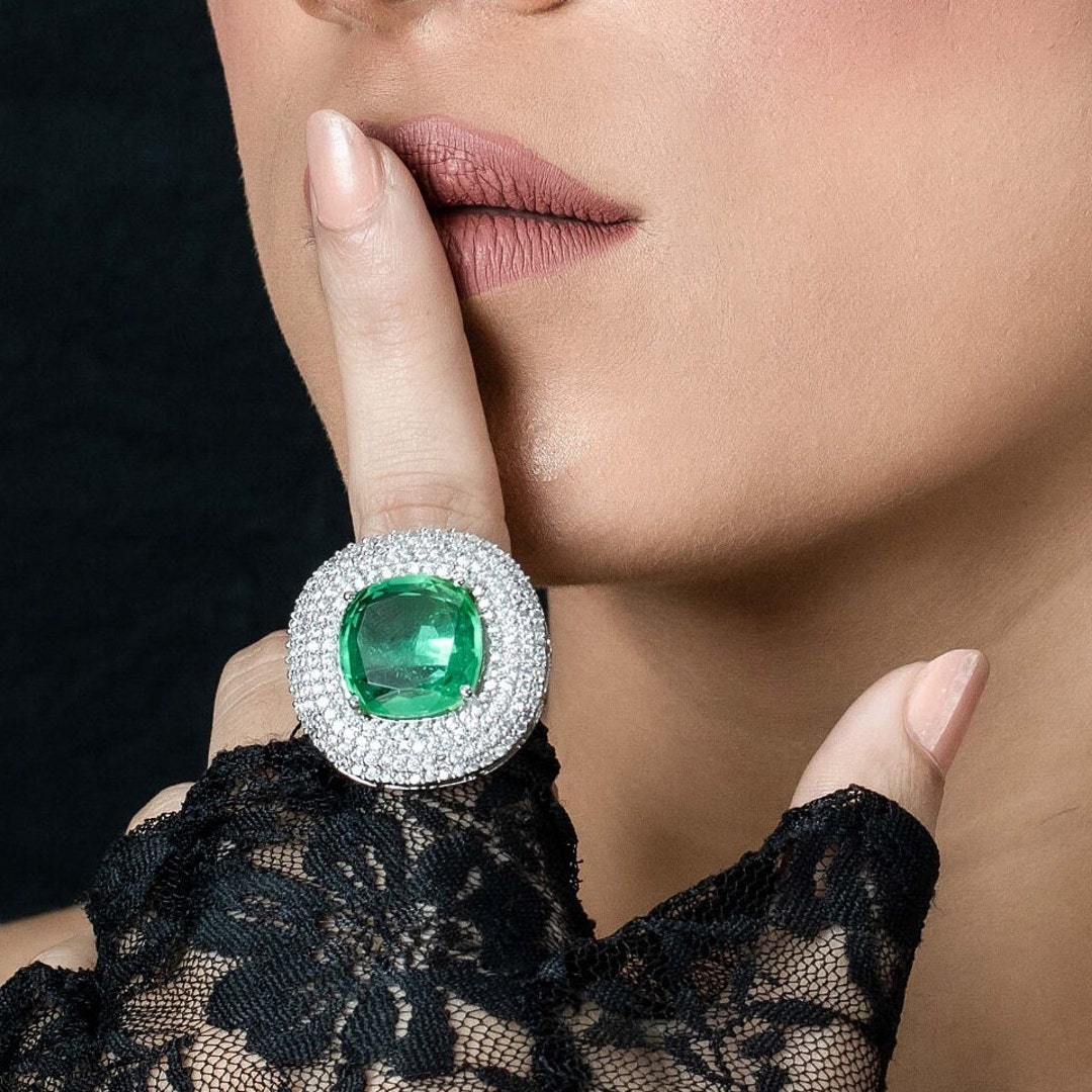 Neon Emerald Ring Doublet Emerald Green Diamond Ring Halo Emerald Ring ...