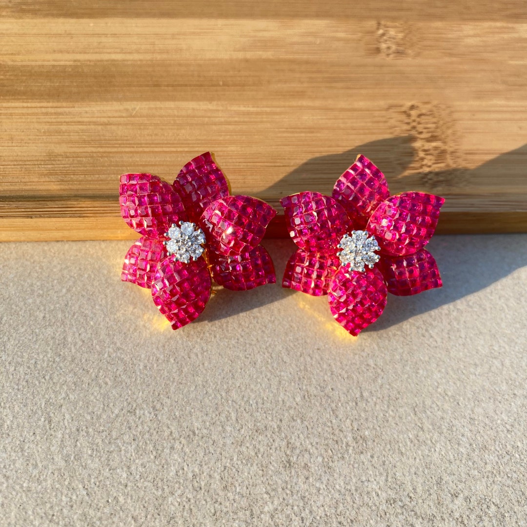 Ruby Pink Diamond Invisible Setting Stud American Diamond Ruby - Etsy