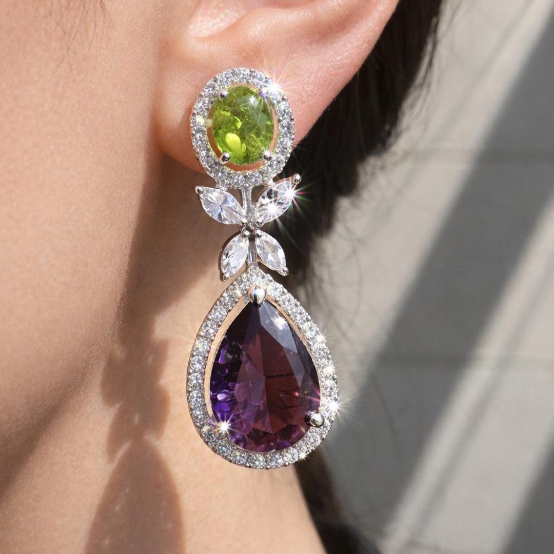 Purple Sapphire Earrings Peridot Green and Purple Amethyst Stone ...