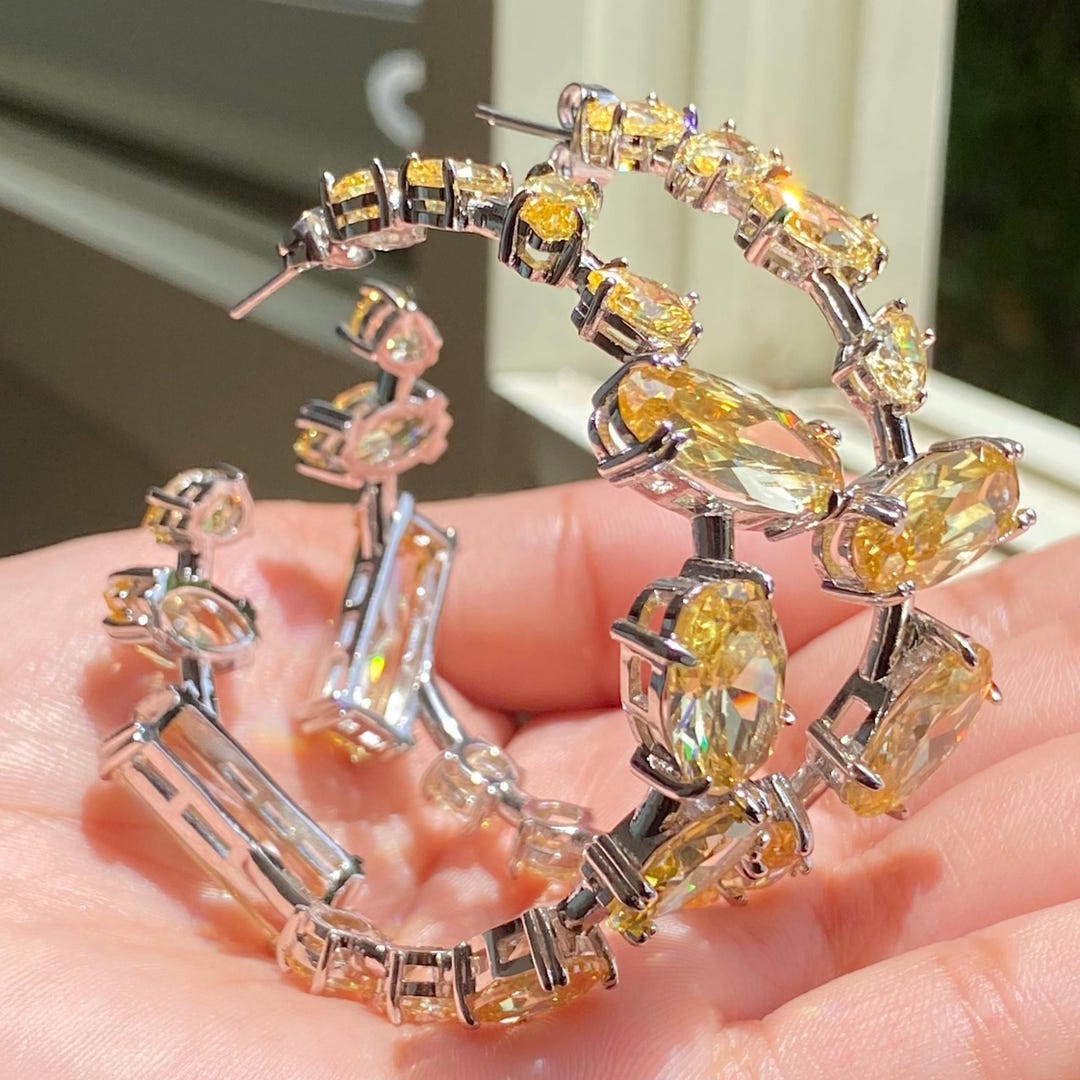 Yellow Diamond Hoop Earrings LUXURY Canary Statement Big Yellow Stone ...
