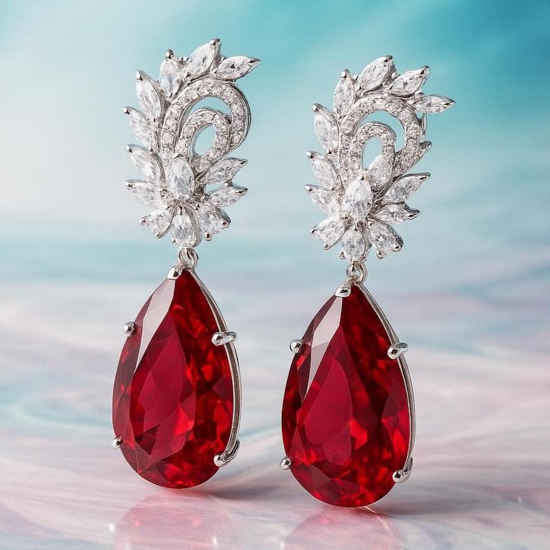 Red Diamond Earrings LUXURY Statement Long Dangle Ruby Earrings Cz Red ...