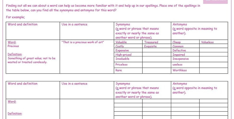 Year 5 and 6 Statutory Spellings Learning Mat With a Synonym and ...