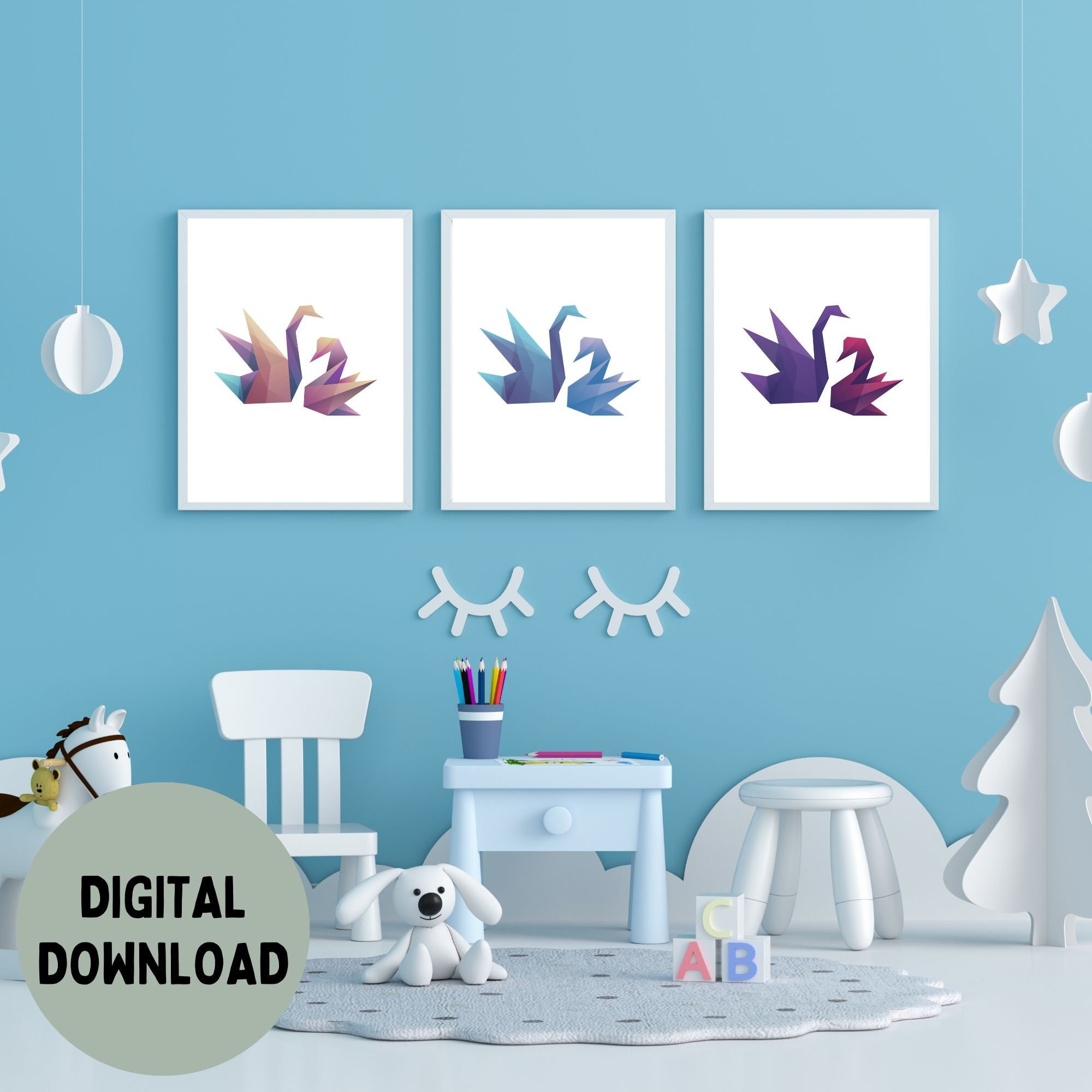 Origami Swan Poster, Set of 3 Swan Couples, Paper Birds, Abstract ...