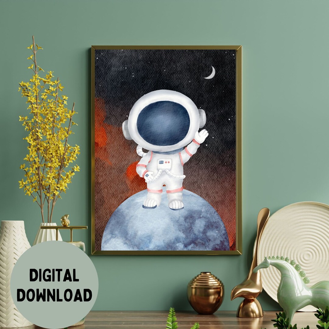 Space Nursery Wall Art With Astronaut, Watercolor Cosmonaut on Planet ...