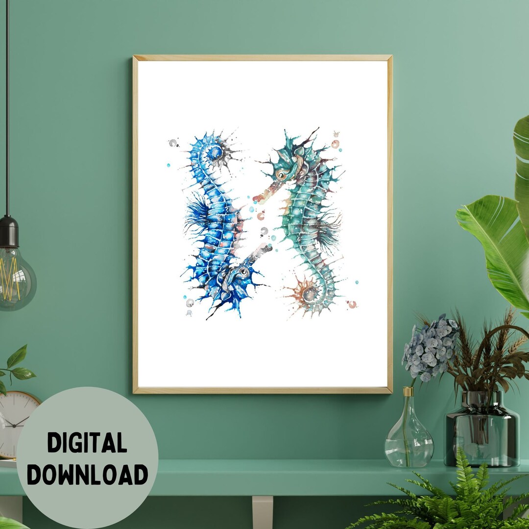 Under the Sea Print, Two Seahorses, Underwater World, Nautical Design ...