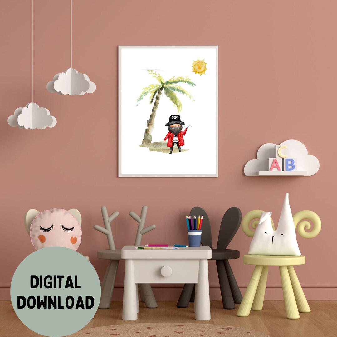 Pirate Nursery Kids Wall Art, Cute Pirate on Island, Pirate Hat, Red ...