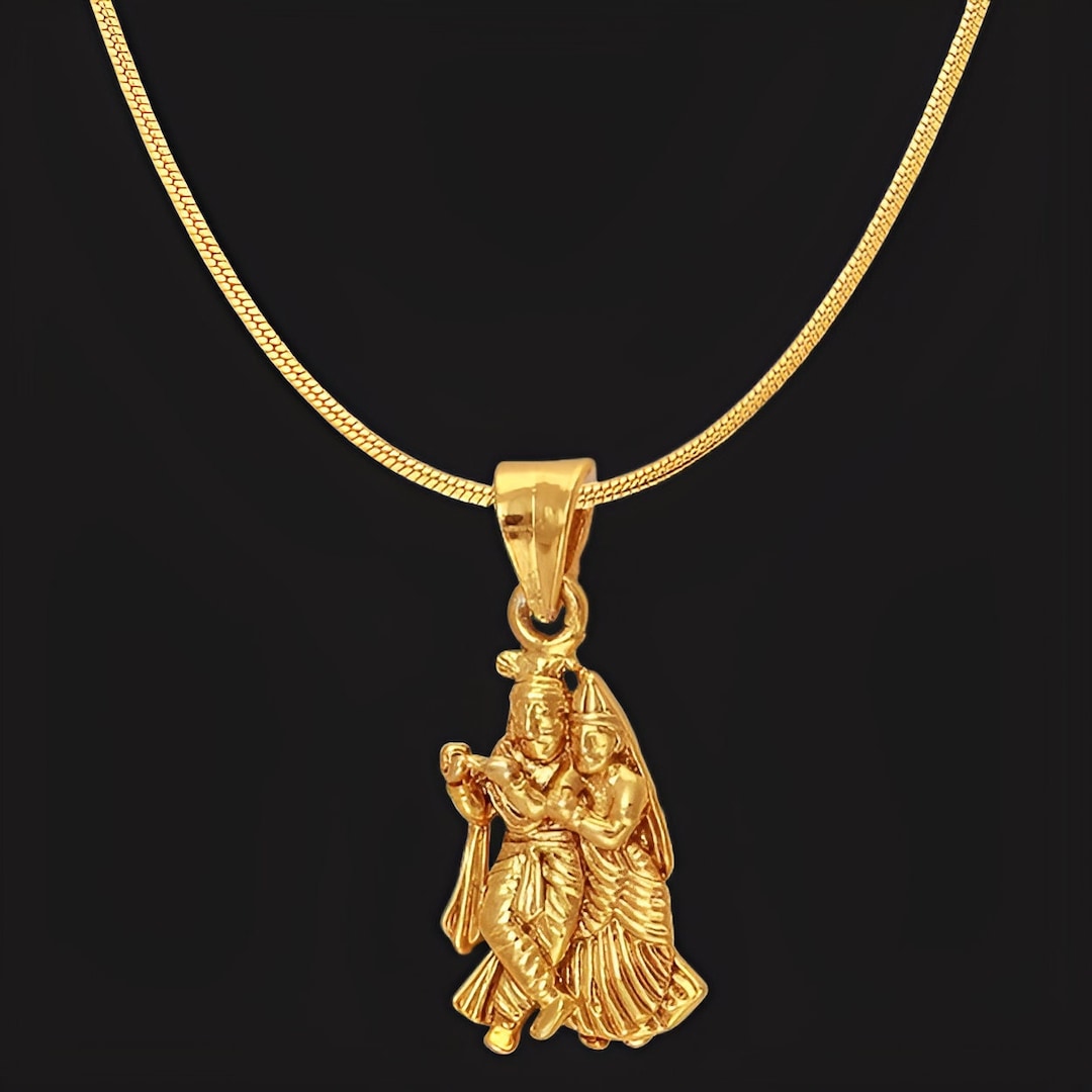 Radha Krishna Gold Plated Religious God Pendant With Chain for Men ...