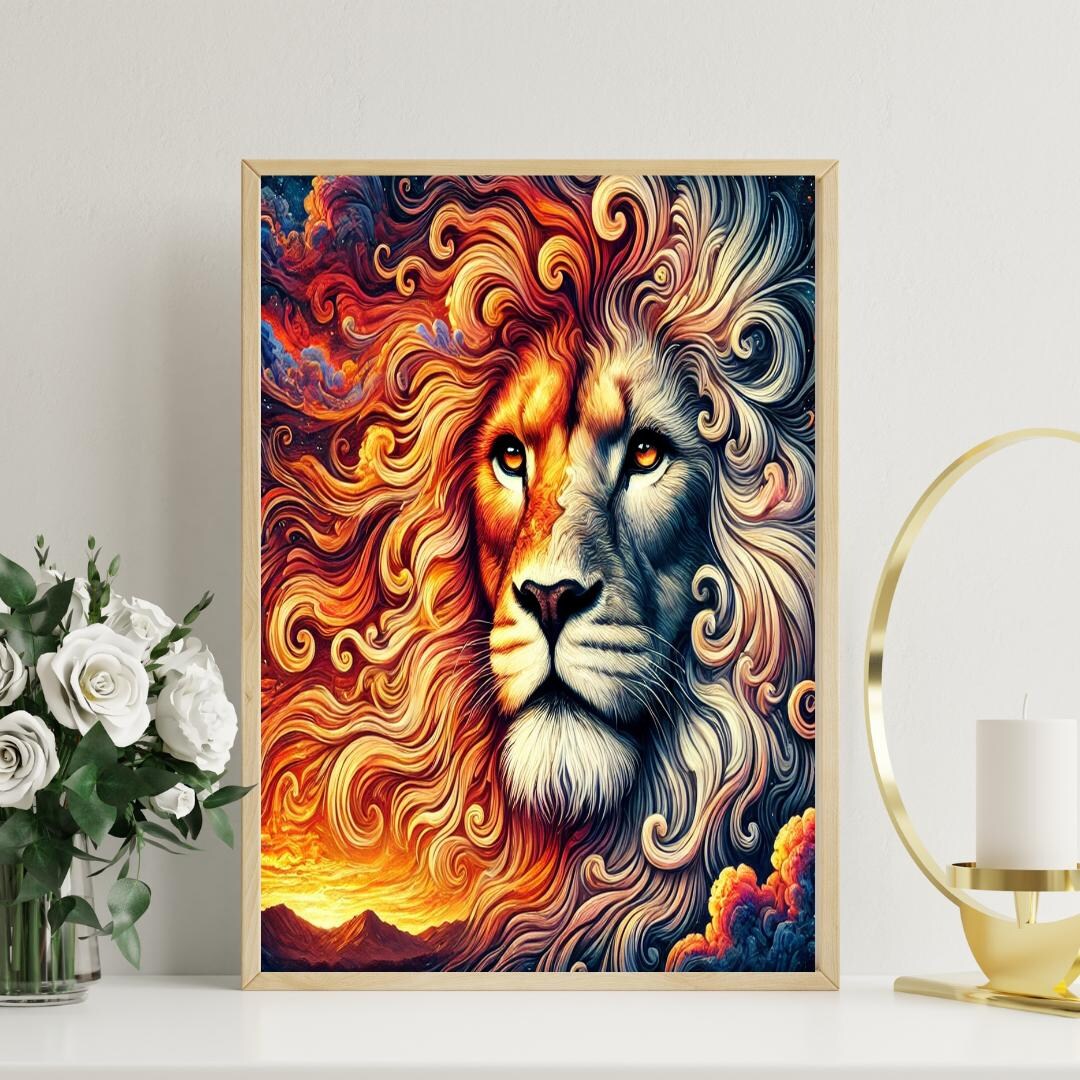 Metamorphic Lion Portrait - Fiery and Cloud-infused Digital Wall Art ...