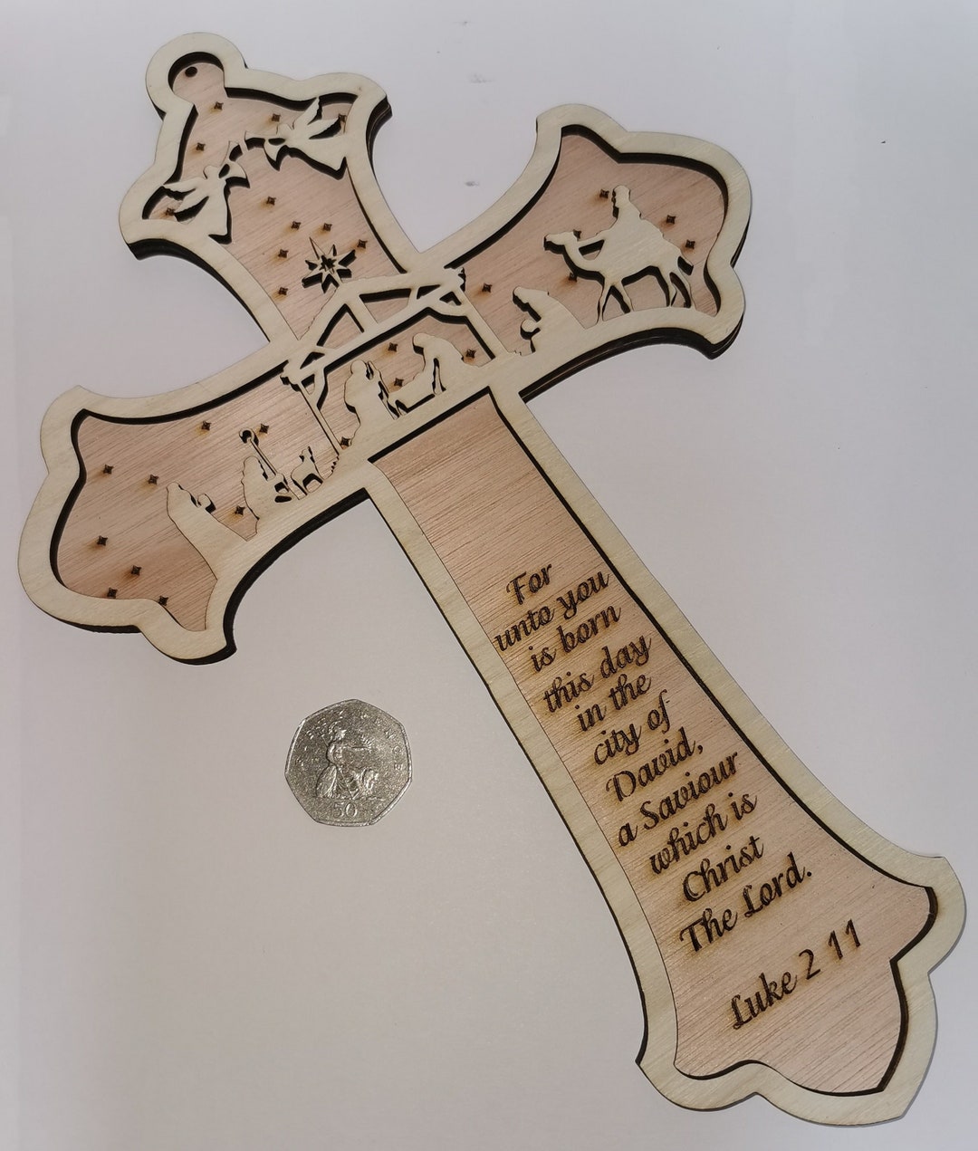Christmas Nativity Layered Laser Cut Wooden Cross Wall Hanging ...