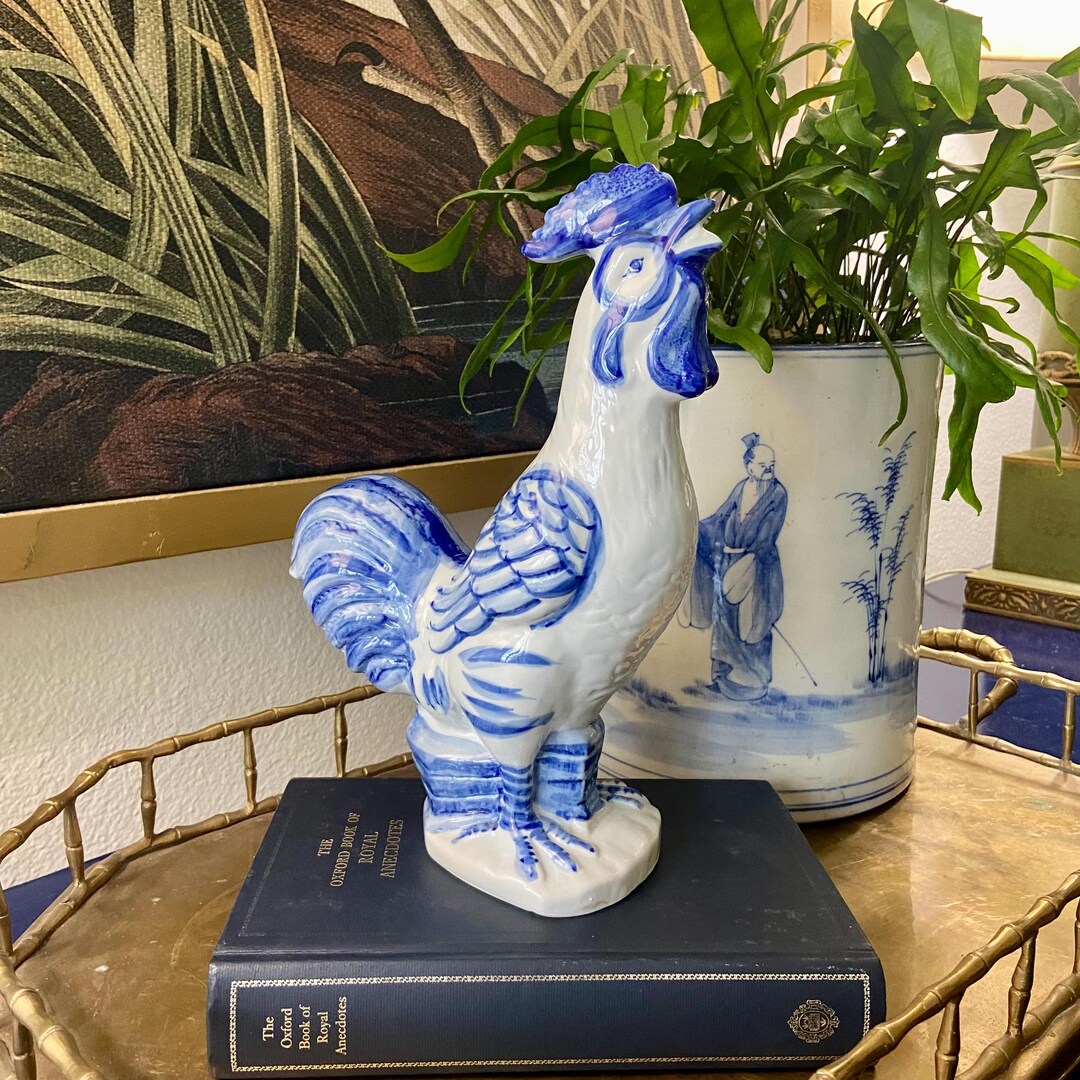 Blue & White Porcelain Rooster Figurine - Etsy