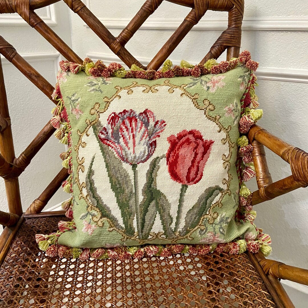 Pink & Green Tulip Needlepoint Throw Pillow by 123creations - Etsy