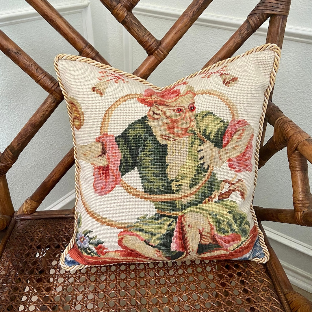 Monkey Wool Needlepoint and Velvet Throw Pillow - Etsy