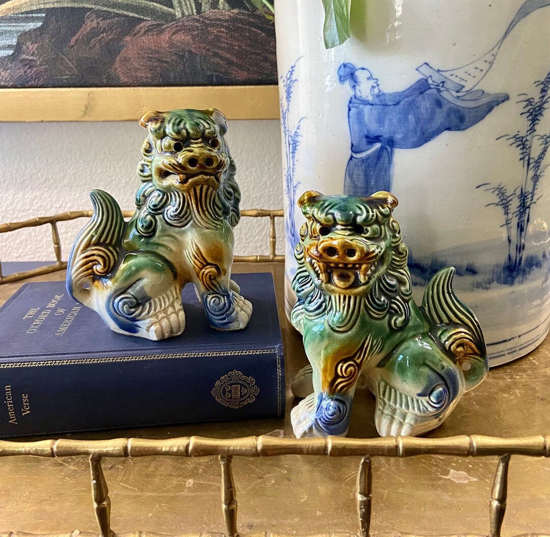 Vintage Pair of Green and Blue Foo Dogs - Etsy
